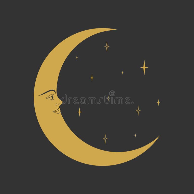 Crescent Moon with Human Face. Crescent Celestial Emblem Stock Vector ...
