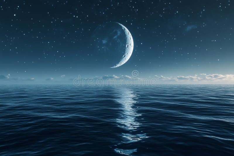 The Crescent Moon Illuminates the Ocean Surface, Creating a Tranquil ...