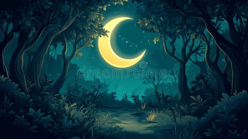 Crescent Moon Illuminating Lush Forest Path at Night Stock Photo ...