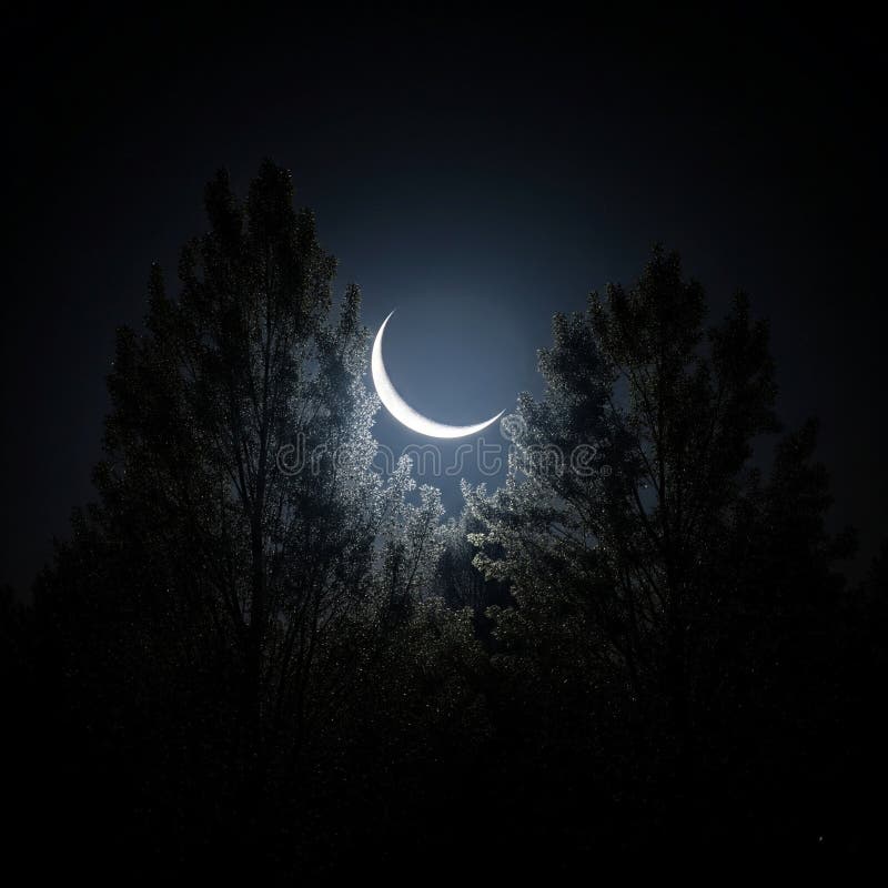 Crescent Moon Illuminating the Night Sky through Forest Trees AI ...