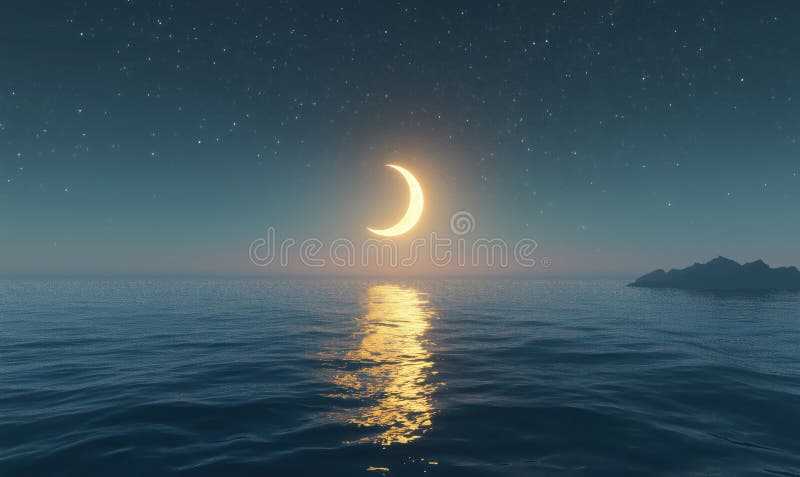 Crescent Moon Illuminating Tranquil Ocean at Dusk with Starry Sky Stock ...