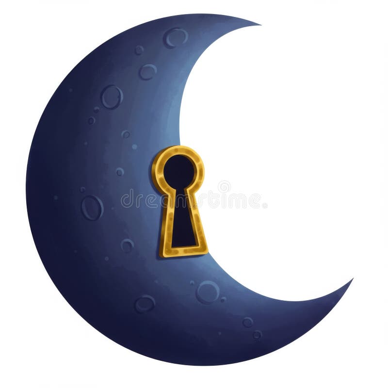 Crescent Moon with Keyhole: Dark Blue Celestial Fantasy Illustration ...
