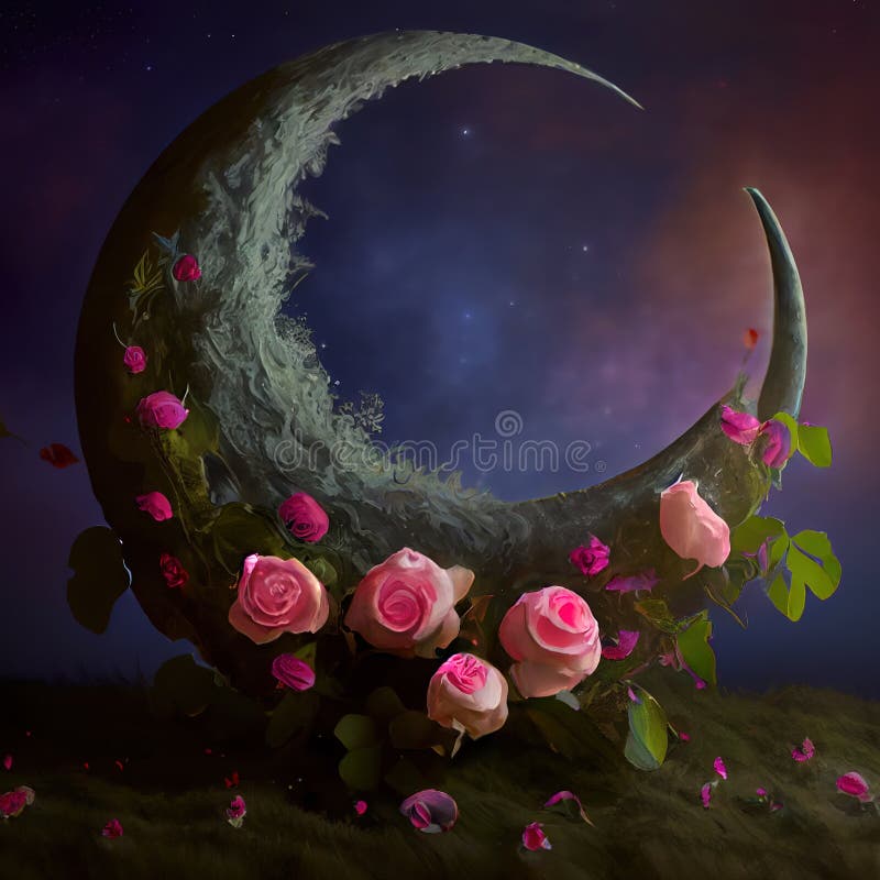 Generative AI: Crescent Moon Made of Moss Over a Meadow with Flowers ...