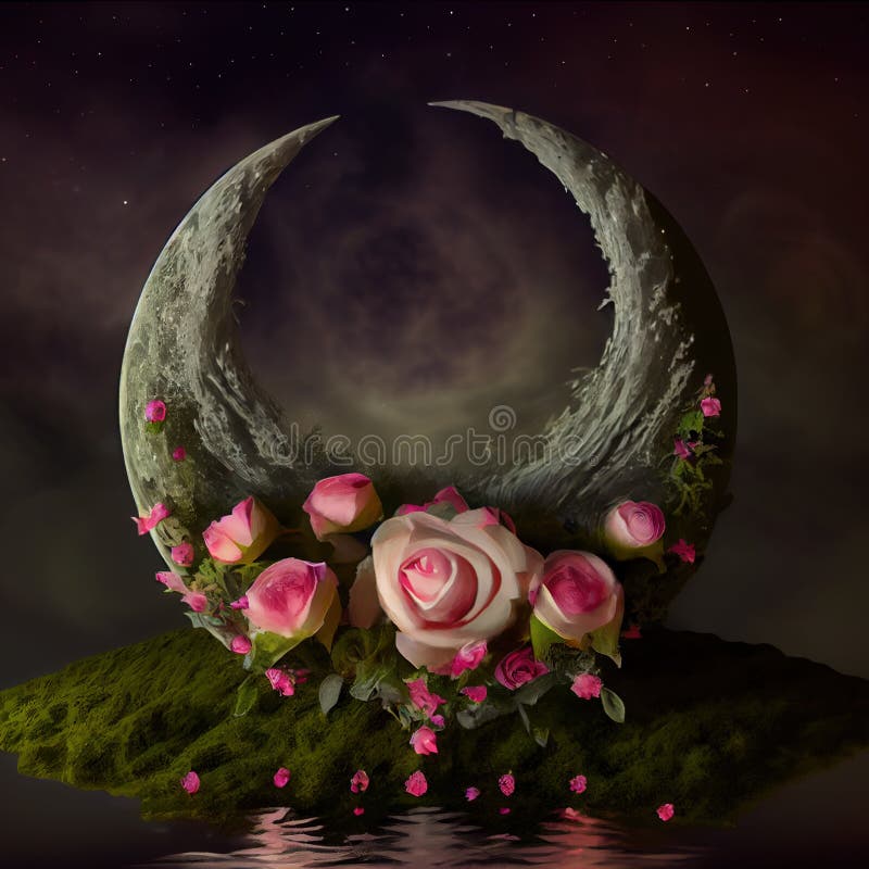 Generative AI: Crescent Moon Made of Moss Over a Meadow with Flowers ...