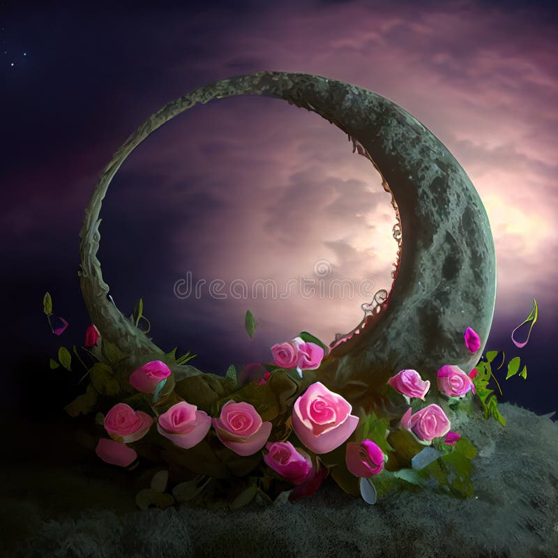 Generative AI: Crescent Moon Made of Moss Over a Meadow with Flowers ...