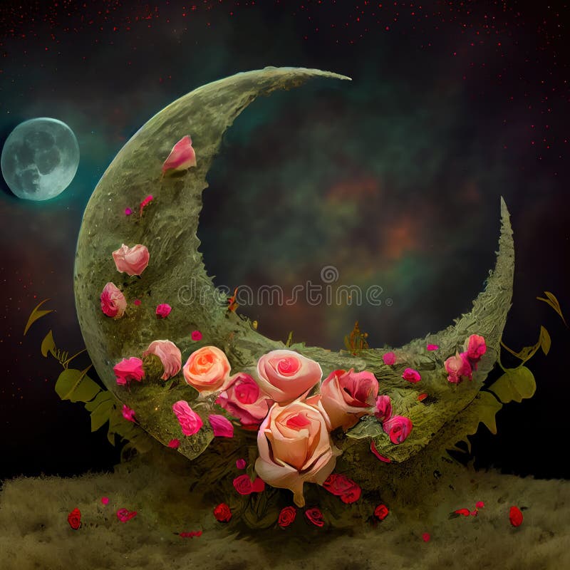 Generative AI: Crescent Moon Made of Moss Over a Meadow with Flowers ...