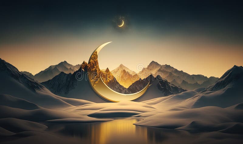 A Crescent Moon is in the Middle of a Mountain Landscape Stock ...