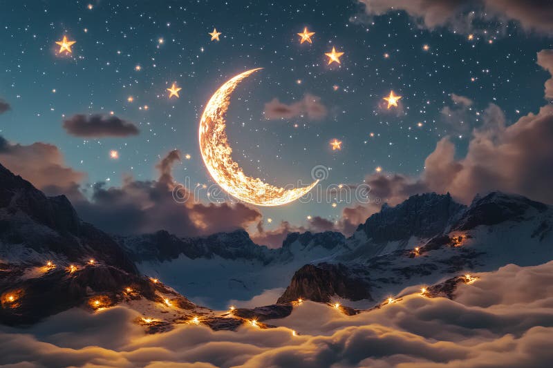 Crescent Moon in the Night Sky with Stars and Clouds. Stock ...