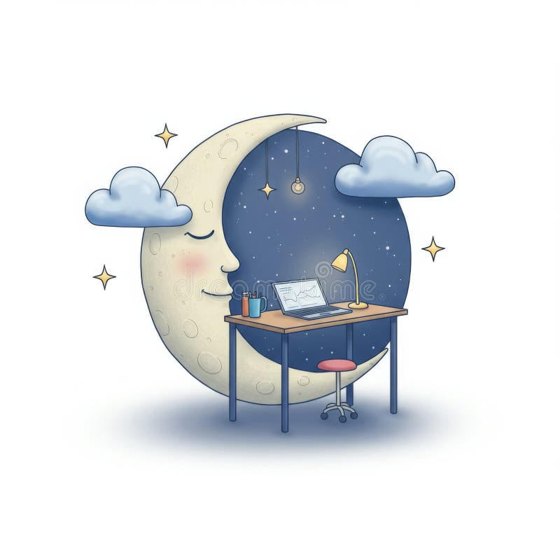 Crescent Moon Night Work Desk Illustration Stock Illustration ...