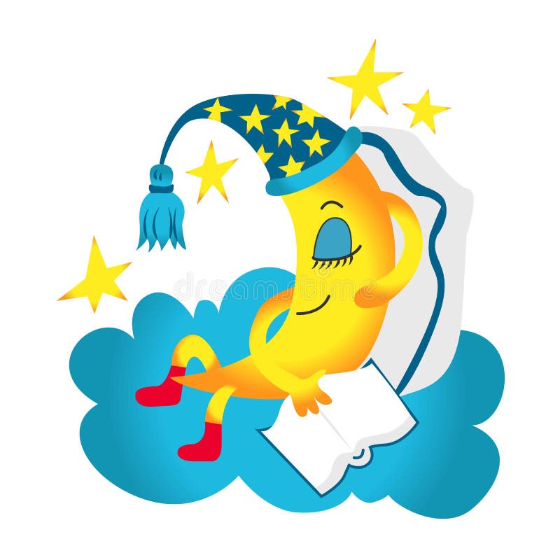 Crescent, Moon in Nightcap with Book Sleeping and Smiling among White ...