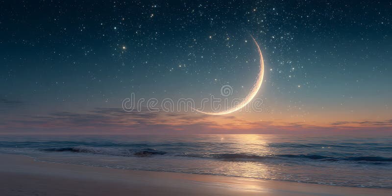 Crescent Moon Ocean Scene Night Sky Beach and Waves Stock Illustration ...
