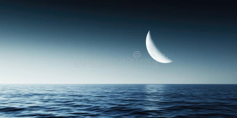 Crescent Moon Over Calm Ocean Horizon at Dusk Stock Image - Image of ...