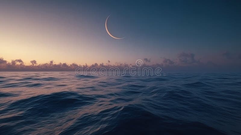 Crescent Moon Over Calm Ocean Sunset; Digital Art Stock Image - Image ...