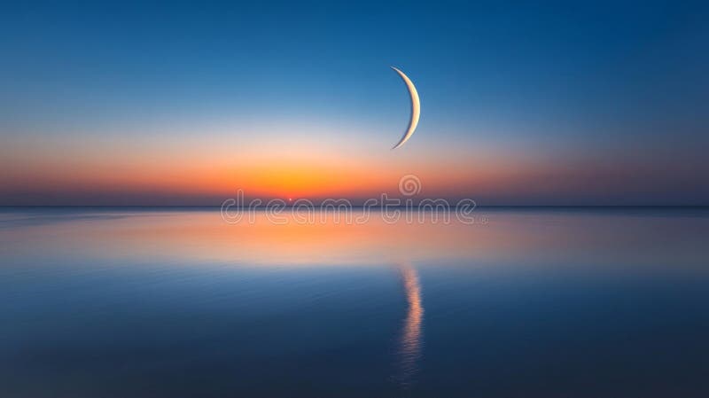 Crescent Moon Over Calm Ocean Sunset Sky Stock Illustration ...