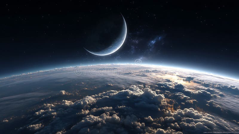 Crescent Moon Over Earth Cloudscape at Sunset Stock Illustration ...