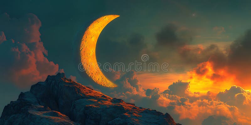Crescent Moon Over Fiery Sky Dramatic Night Sky Image Stock ...