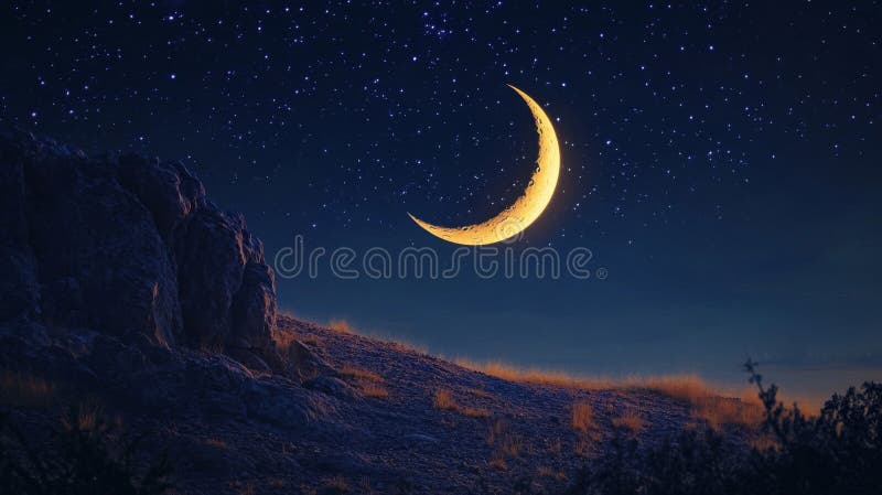 Crescent Moon Over Hilltop Night Landscape Stock Illustration ...