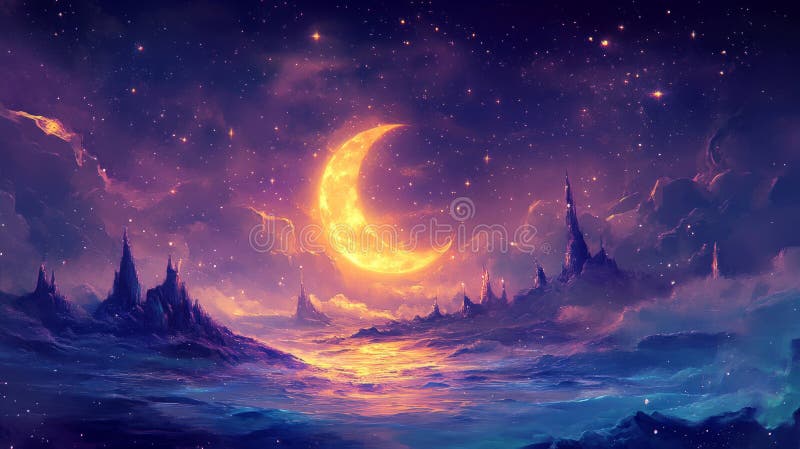 Crescent Moon Over a Magical Fantasy Landscape Stock Illustration ...