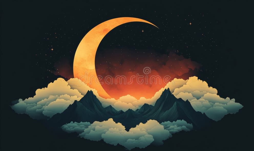Crescent Moon Over Mountains with Clouds and Starry Night Sky Stock ...