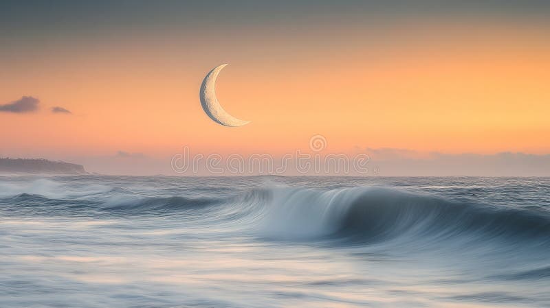 Crescent Moon Over Ocean Waves at Sunrise; Peaceful Coastal Scene Stock ...