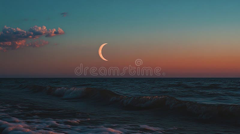 Crescent Moon Over Ocean Waves at Sunset, Peaceful Coastal Scene Stock ...