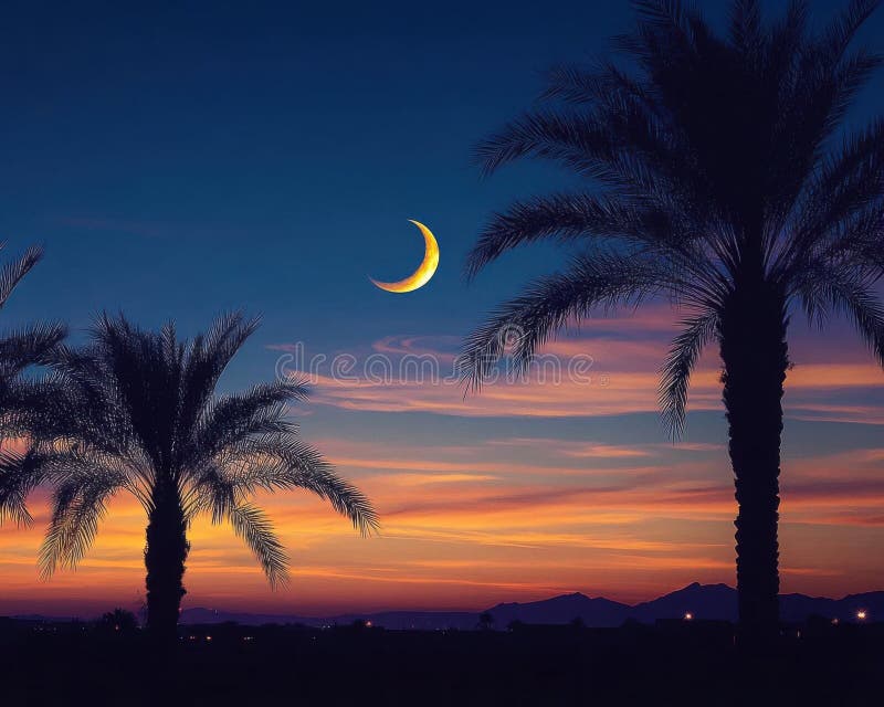 Crescent Moon Over Palm Trees at Sunset Stock Illustration ...