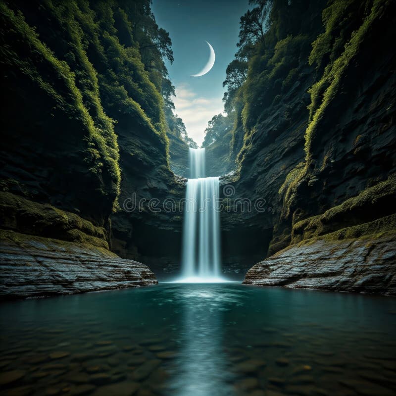 Crescent Moon Over Peaceful Waterfall Stock Illustration - Illustration ...