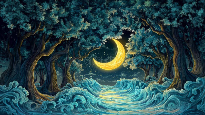 Crescent Moon Over a Pixel Art Forest at Night Stock Illustration ...