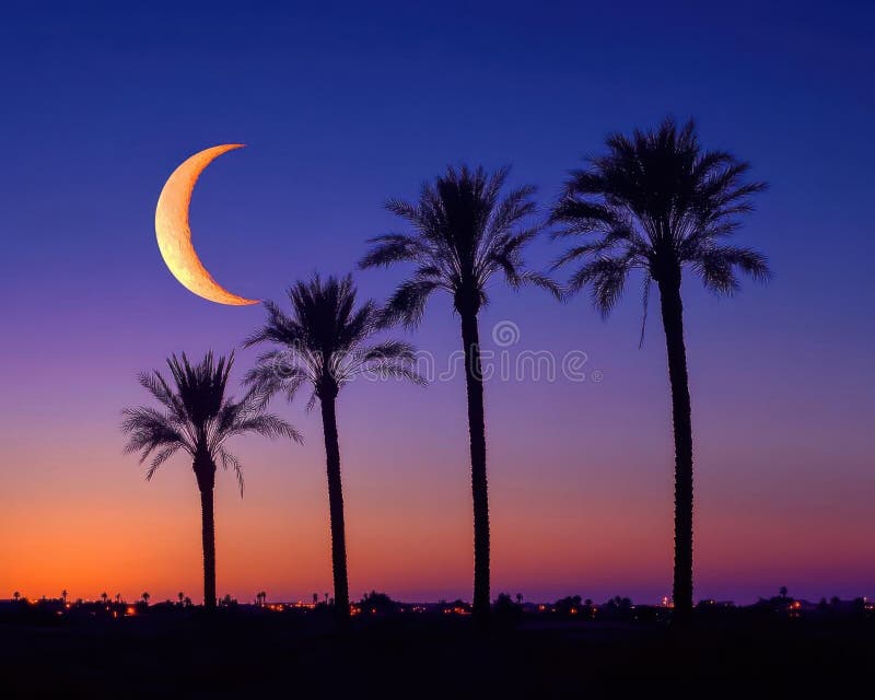 Crescent Moon Over Silhouetted Palm Trees at Sunset Stock Illustration ...