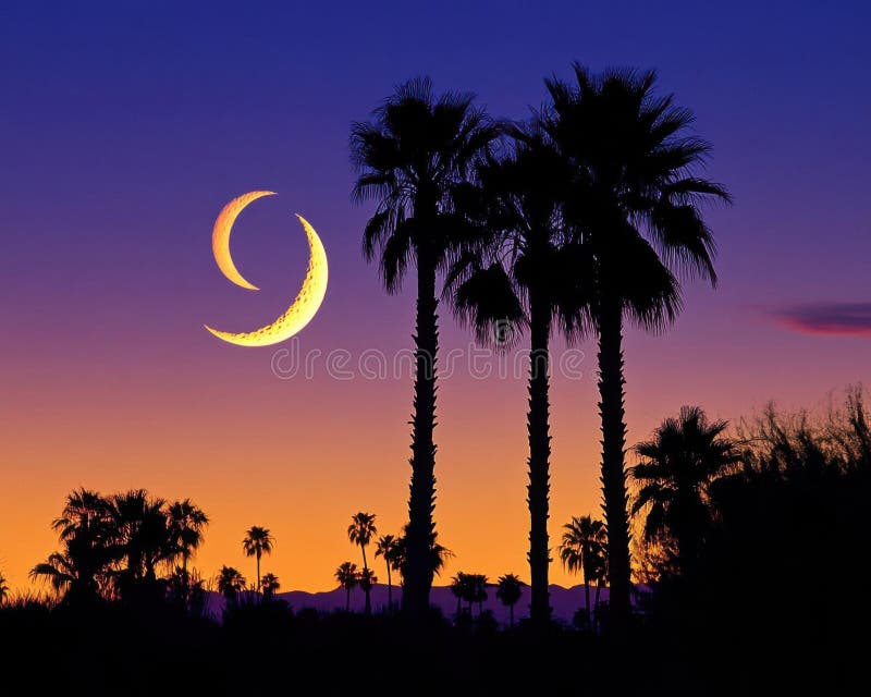 Crescent Moon Over Silhouetted Palms at Sunset Stock Illustration ...