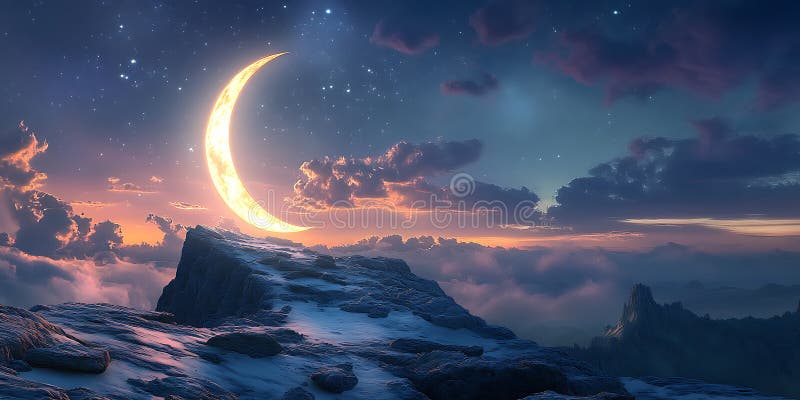 Crescent Moon Over Snowy Mountains Magical Night Sky Background Stock ...