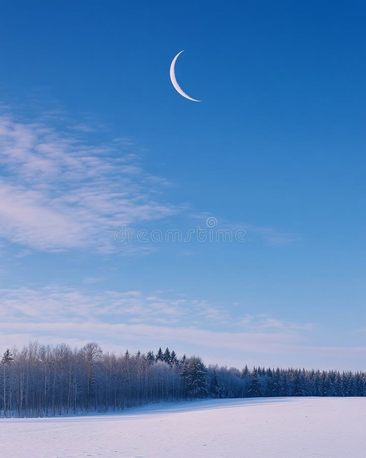 Crescent Moon Over Snowy Winter Landscape High Quality Image Stock ...