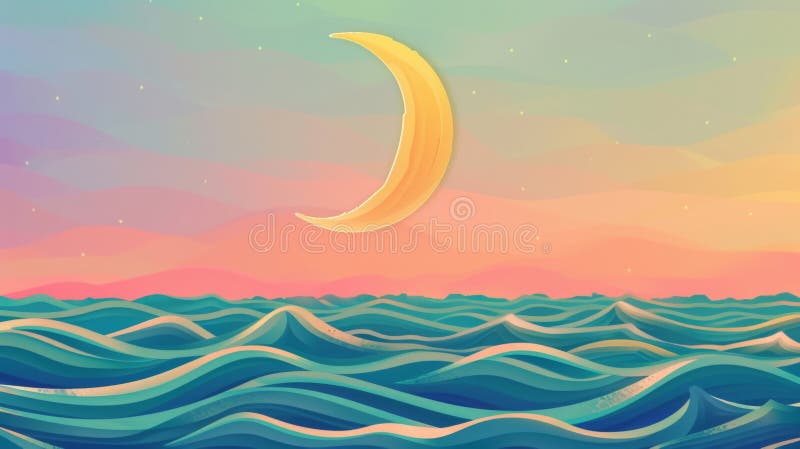 Crescent Moon Over Stylized Ocean Waves at Dusk Stock Image - Image of ...