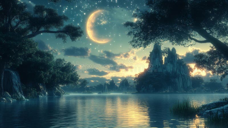 Crescent Moon Over a Tranquil Lake at Night Stock Illustration ...
