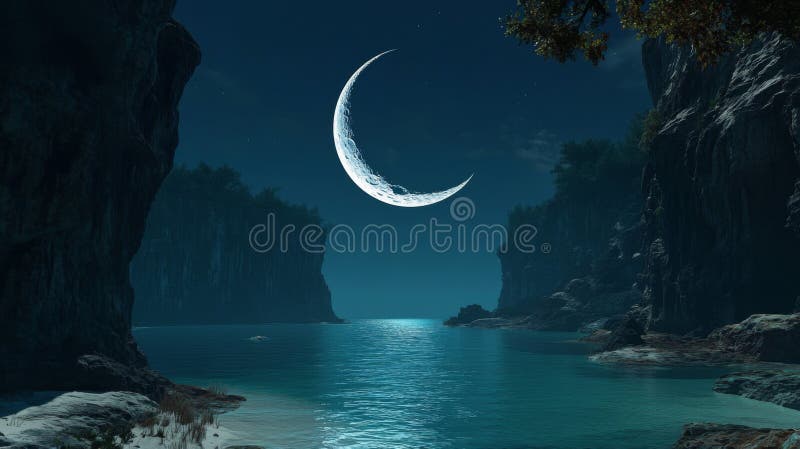 Crescent Moon Over a Tranquil Night Ocean Stock Illustration ...