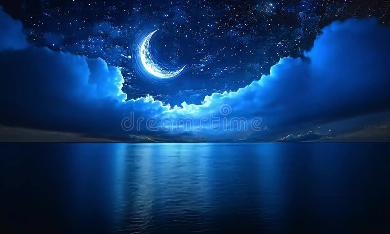 Crescent Moon Over a Tranquil Ocean at Night Stock Video - Video of ...