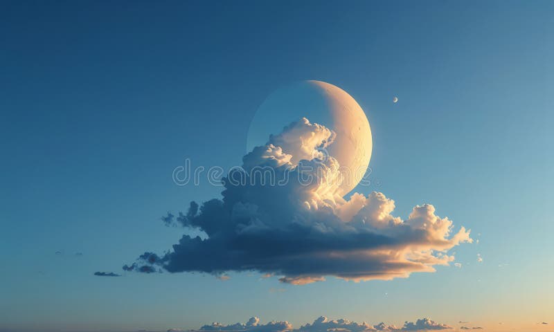 Crescent Moon Partially Emerges from Cloud, with Small Planet Visible ...