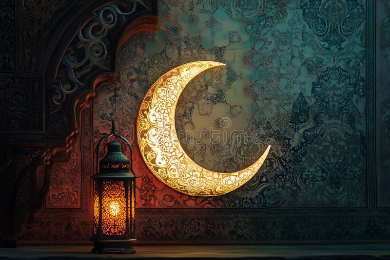 Glowing Crescent Moon and Ornate Lantern Illuminate an Intricate Wall ...
