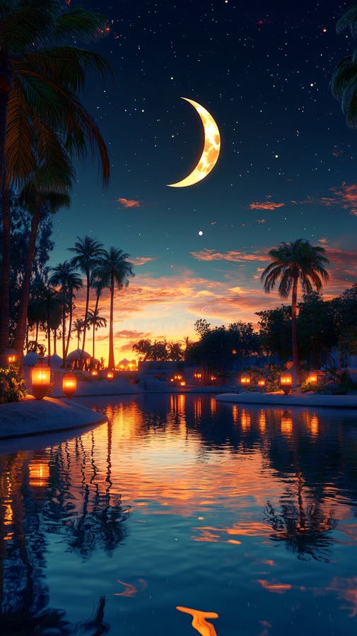 Crescent Moon Reflected in Oasis Calm Stock Image - Image of calm ...