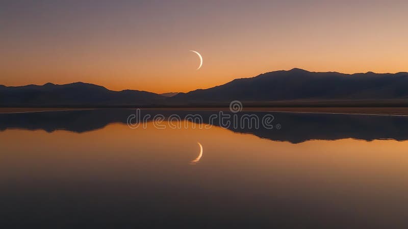 Crescent Moon Reflecting on Calm Lake at Sunset, Mountains Stock Image ...