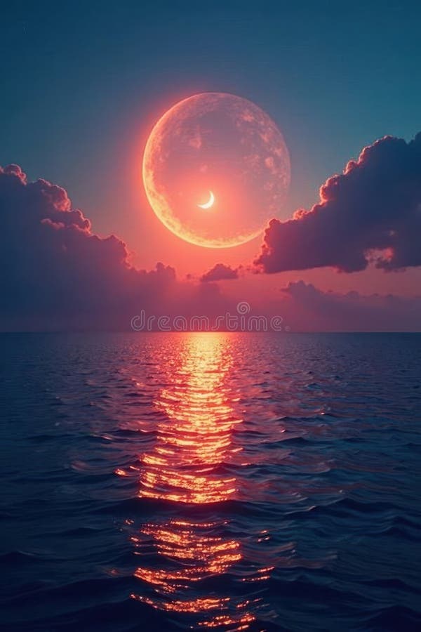 Crescent Moon Rising Above a Tranquil Sea at Dawn, Sun, Sunlight Stock ...