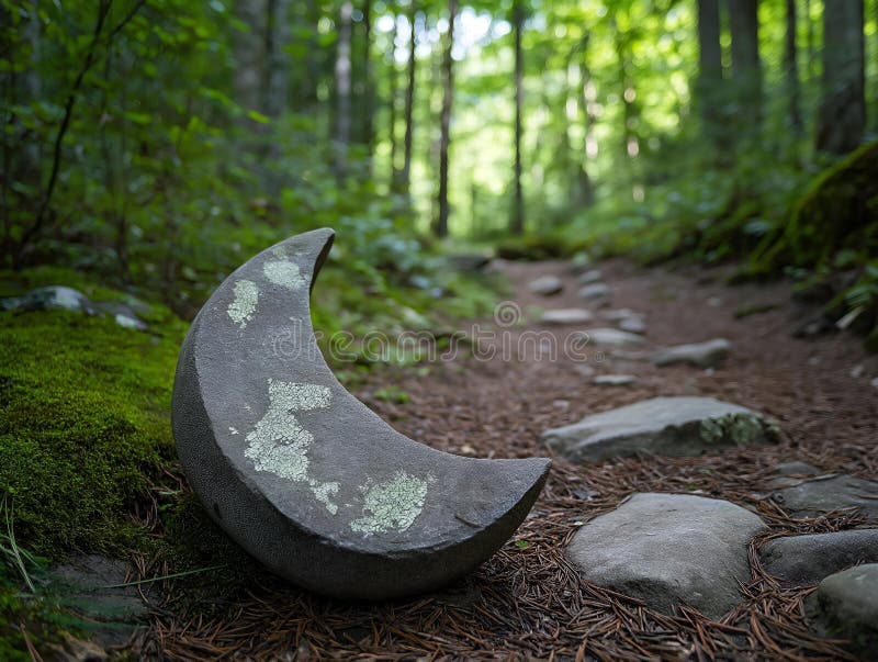 Crescent Moon Sculpture, Forest Path, Nature Scene, Tranquil Setting ...