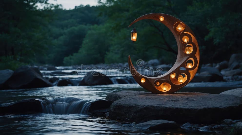 Illuminated Crescent Moon Sculpture by River at Dusk Stock Illustration ...