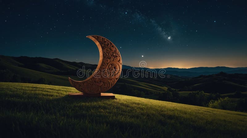 Intricate Carved Wooden Crescent Moon Under Night Sky, Serene Landscape ...