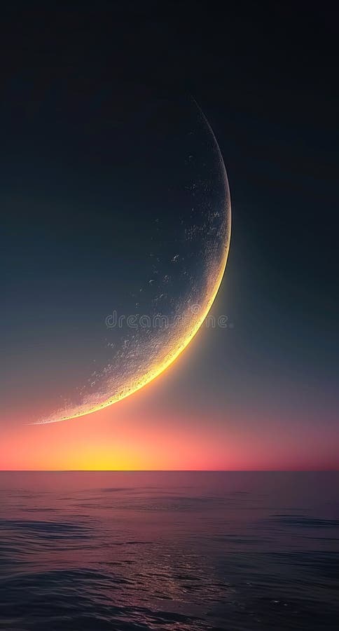 A Crescent Moon is Seen Over the Ocean Stock Image - Image of generated ...
