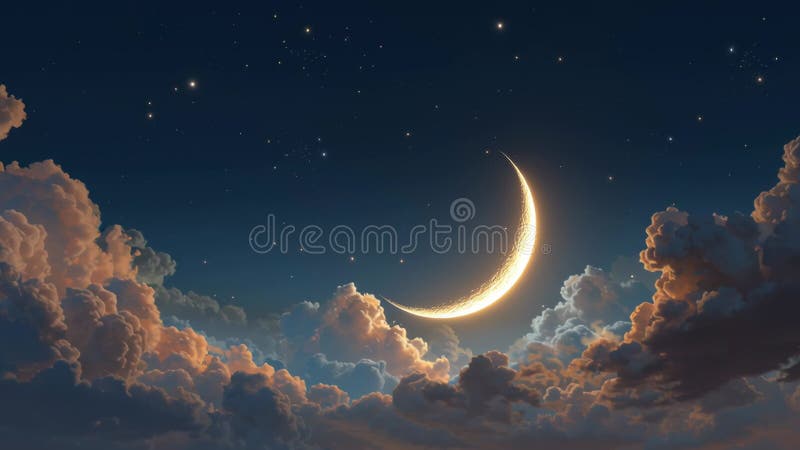 Crescent Moon Shines. Clouds Float in Night Sky. Stock Footage - Video ...