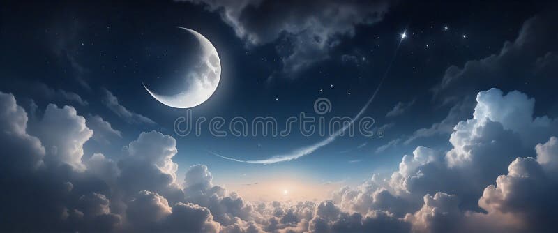 Crescent Moon Shining Over Cloudscape at Nightfall Stock Illustration ...