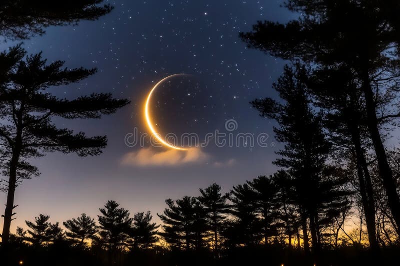 Crescent Moon Shining Over the Forest at Twilight Stock Photo - Image ...