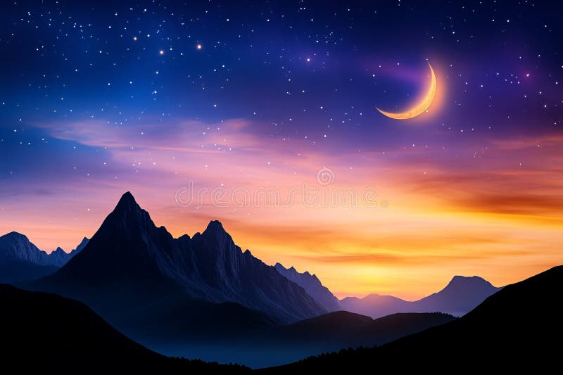 Crescent Moon Shining Over Mountain Range at Twilight Under Starry Sky ...