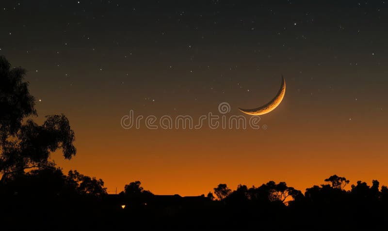 Crescent Moon Shining Over Silhouette of Trees and Houses at Twilight ...